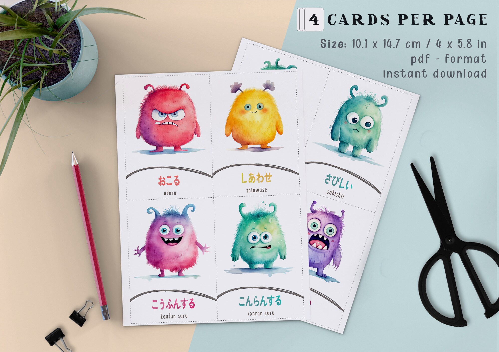 Japanese Printable Emotion Flashcards Watercolor Monsters Cards ...