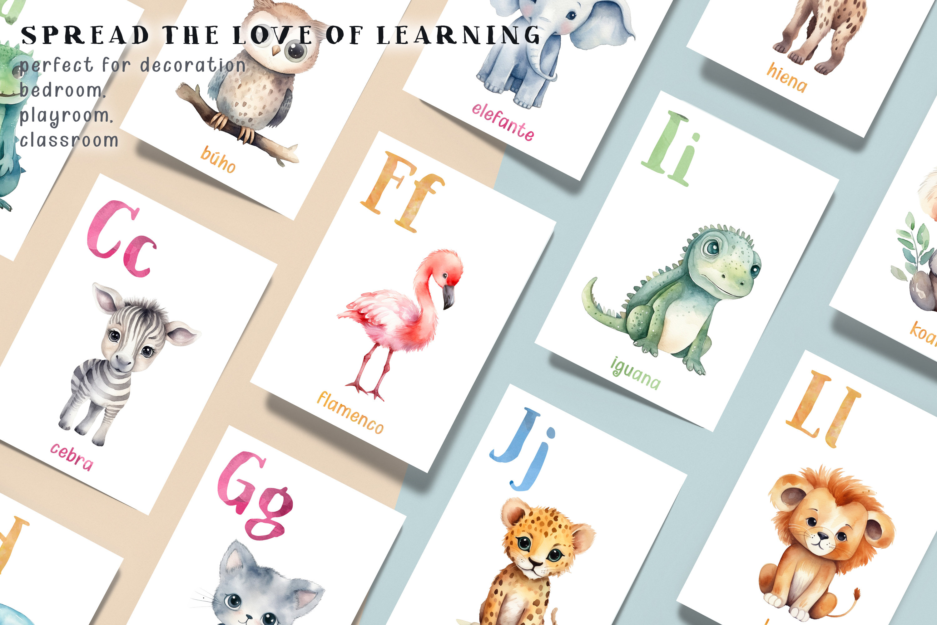 Printable Spanish Alphabet Flashcards, Cute Animal Abcs A4, Watercolor ...