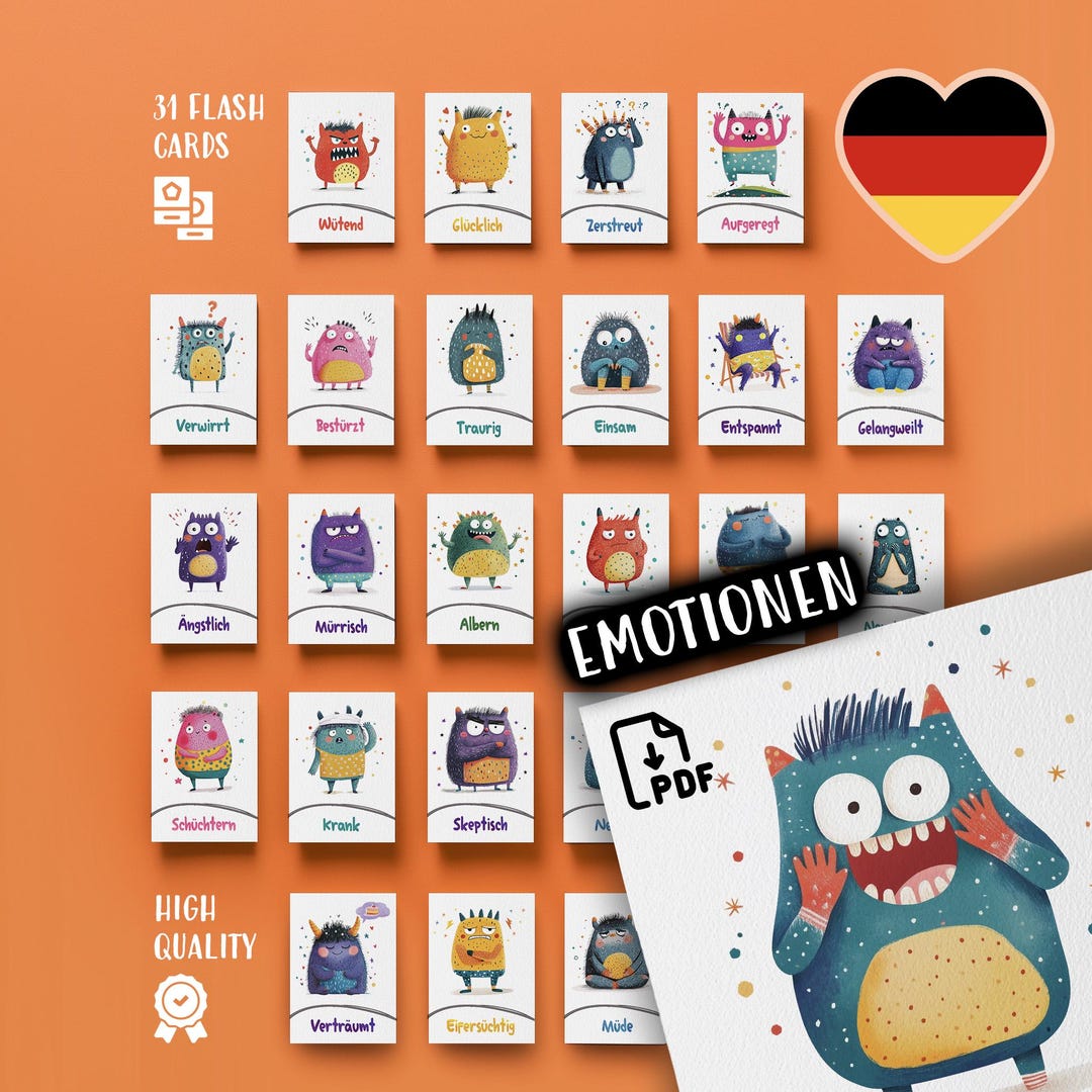 Gefühle Flashcards Deutsch Kinder | Monster Emotionen Lernkarten ...