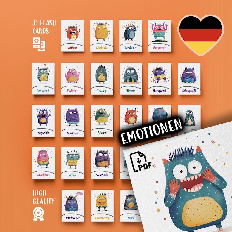 German Emotions Flashcards for Kids, Cute Monster Feelings Flash Cards ...