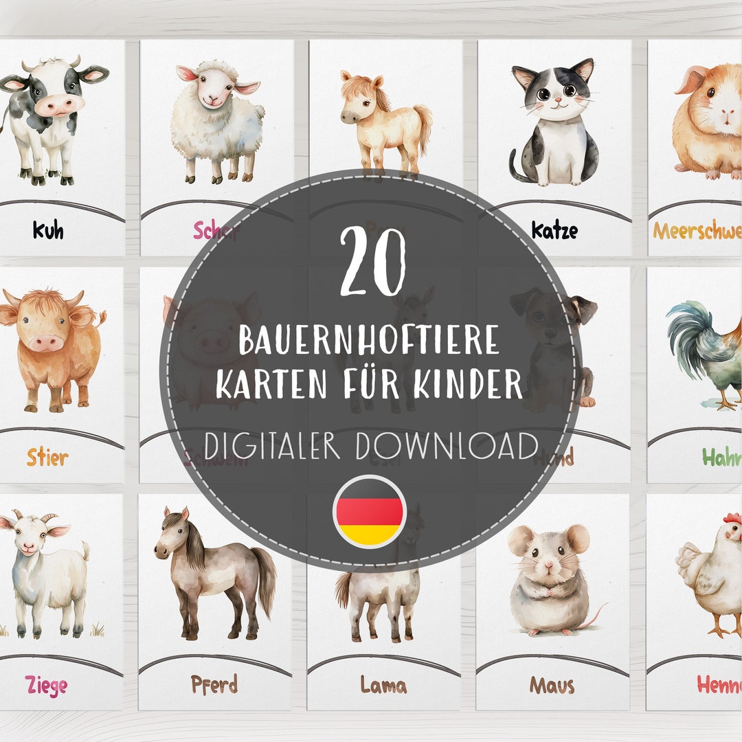 Farm Animals Watercolor German Flashcards, Cute Printable Learning ...