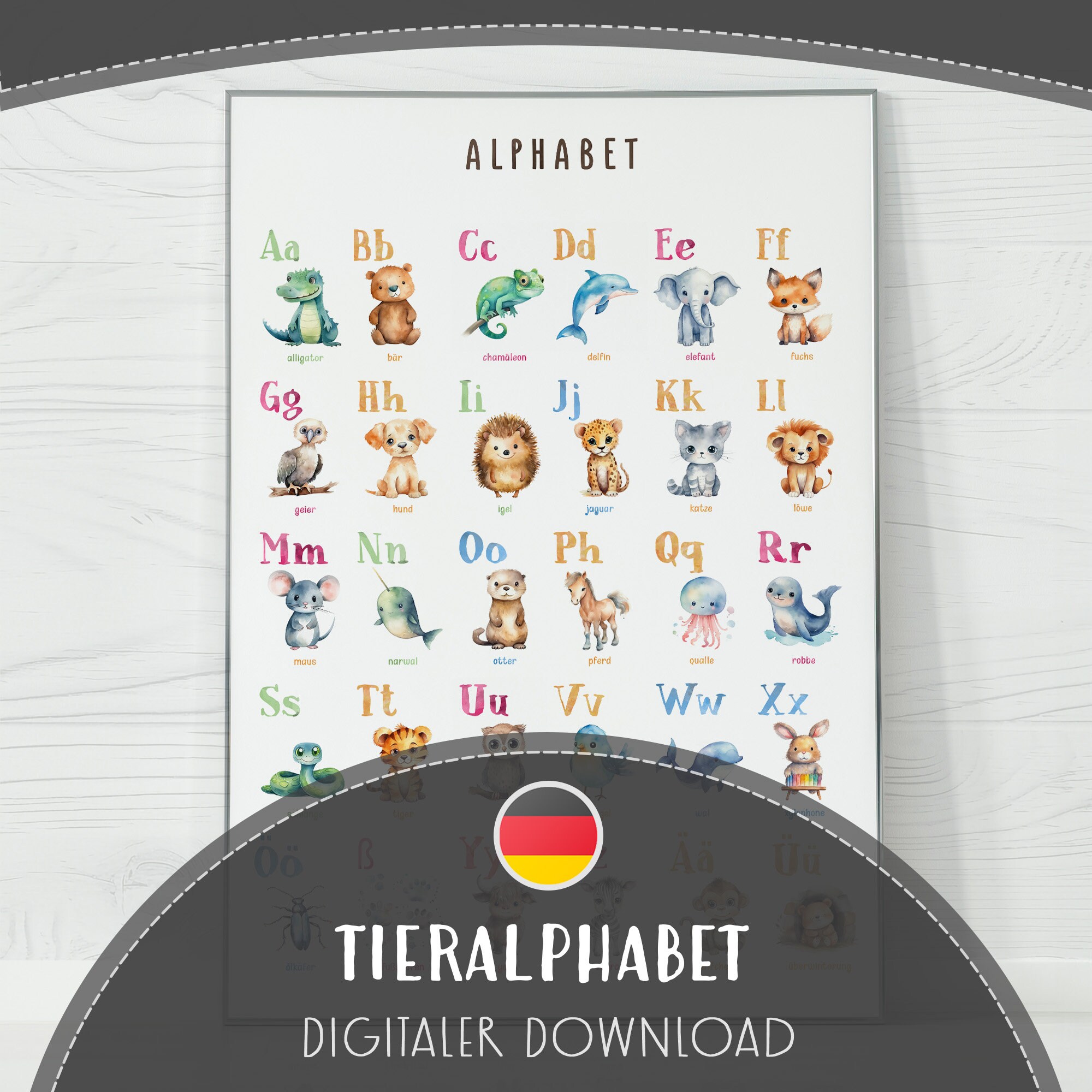 German Alphabet Poster With Animals Download Printable PDF - Watercolor ...