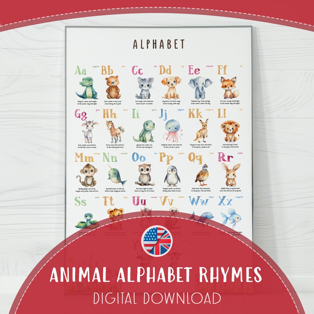English Alphabet Poster Animals and Rhymes - Watercolor ABC Wall Art ...