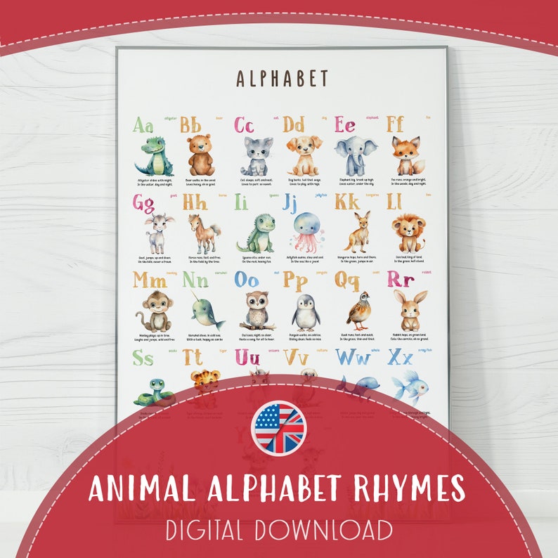 English Alphabet Poster Animals Rhymes | Watercolor ABC Wall Art PDF ...