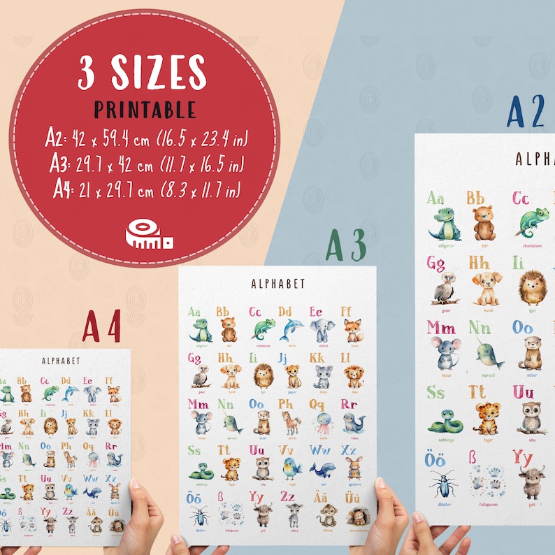 German Alphabet Poster With Animals Download Printable PDF - Watercolor ...