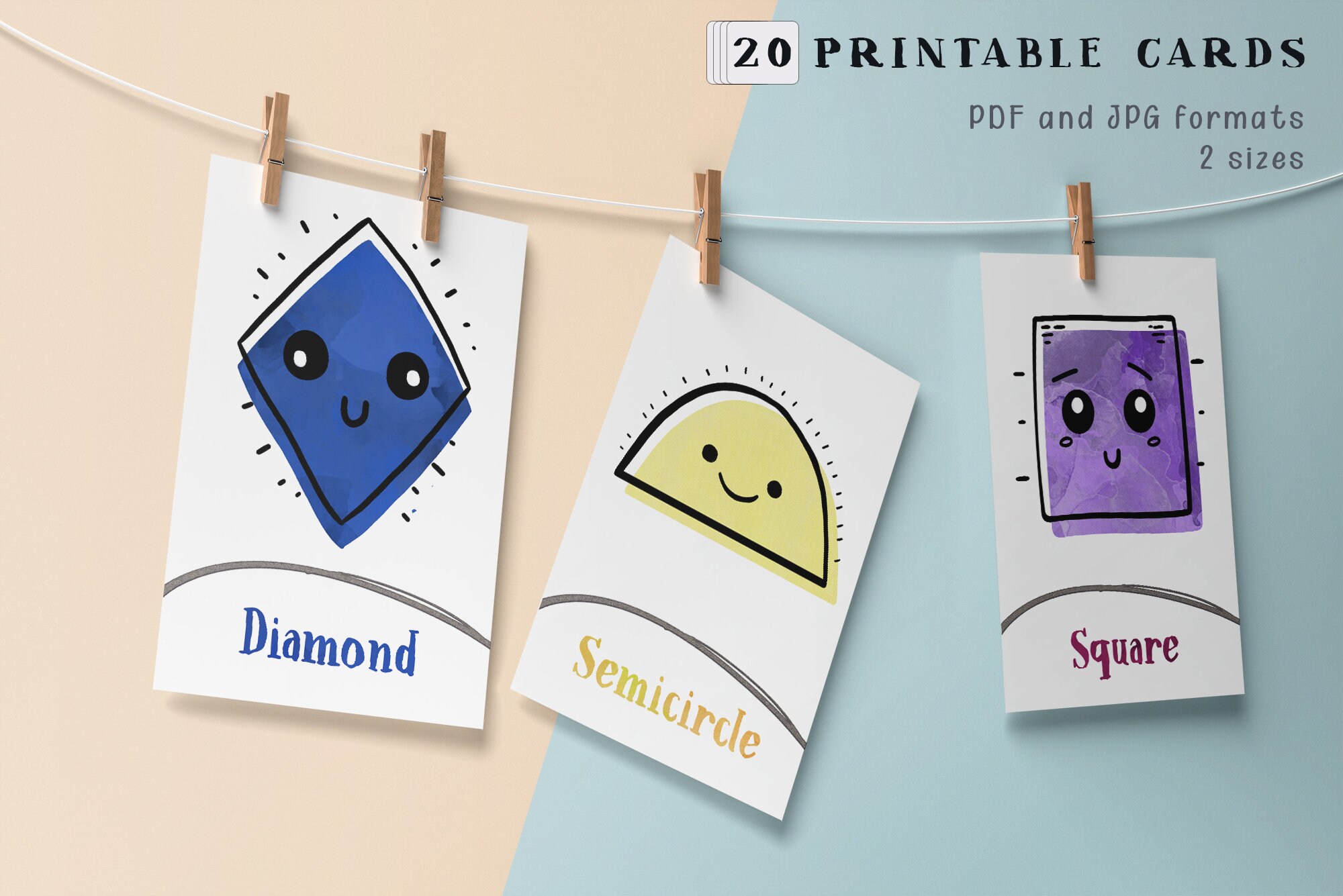 Shapes Printable Flashcards, Watercolor Geometry Cute Learning Tool for ...