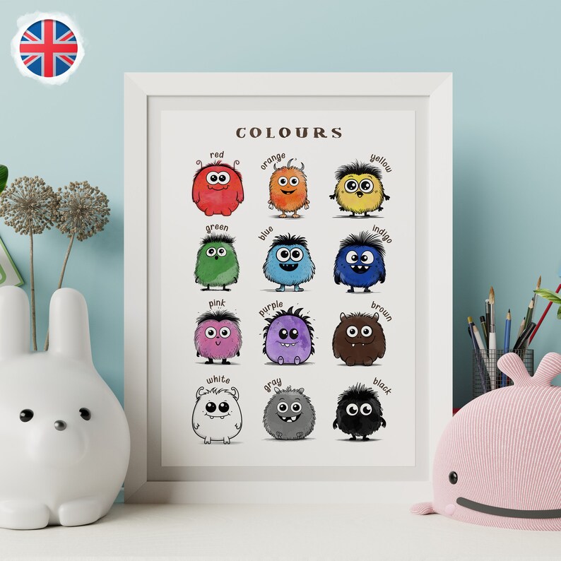 Colours Poster Kids Monsters | Printable Learning Wall Art ...