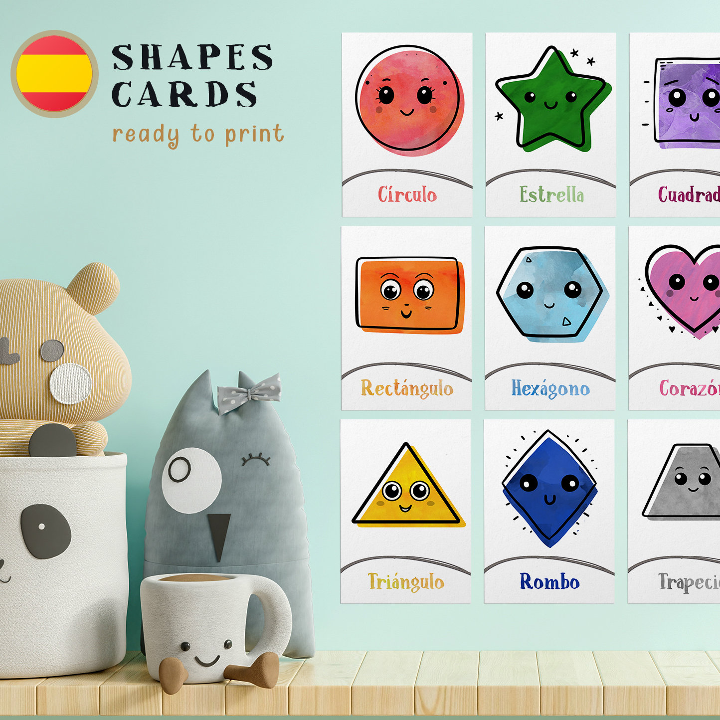 Shapes Watercolor Printable Flashcards, Geometry Cute Learning Tool for ...