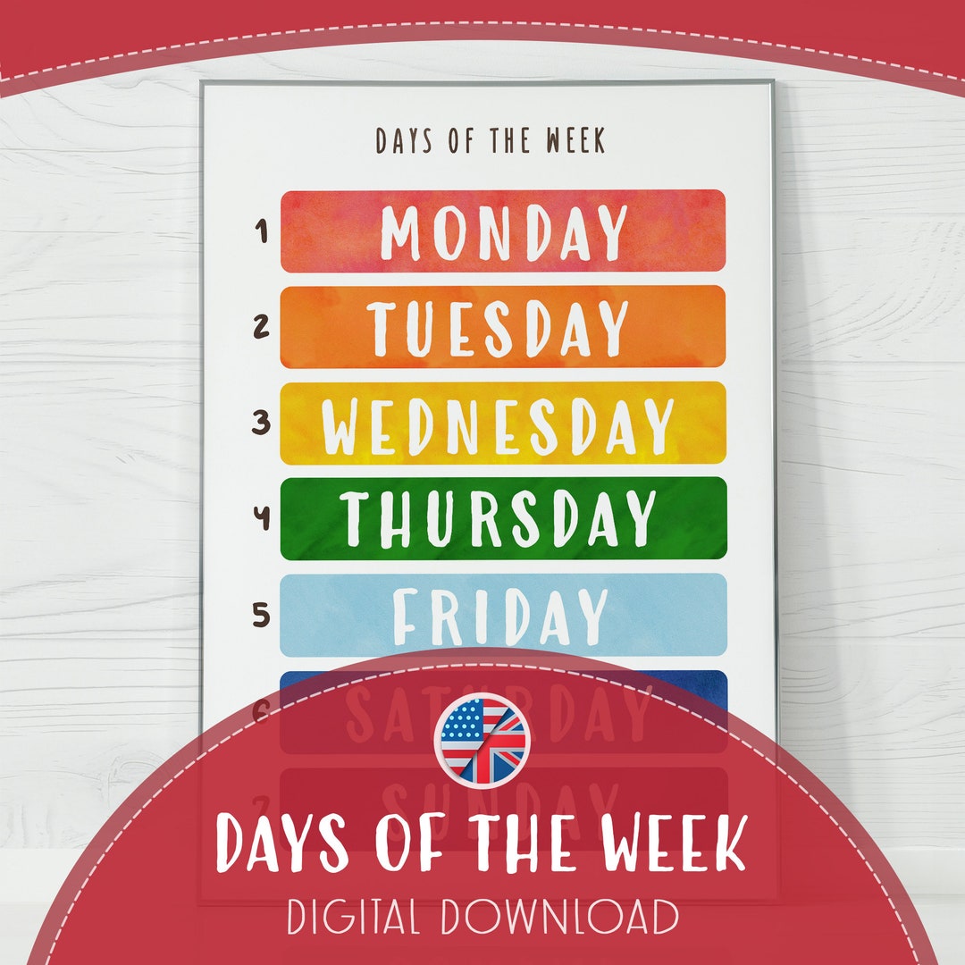 Days of Week Poster Kids | Printable PDF Learning Wall Art | Daily ...