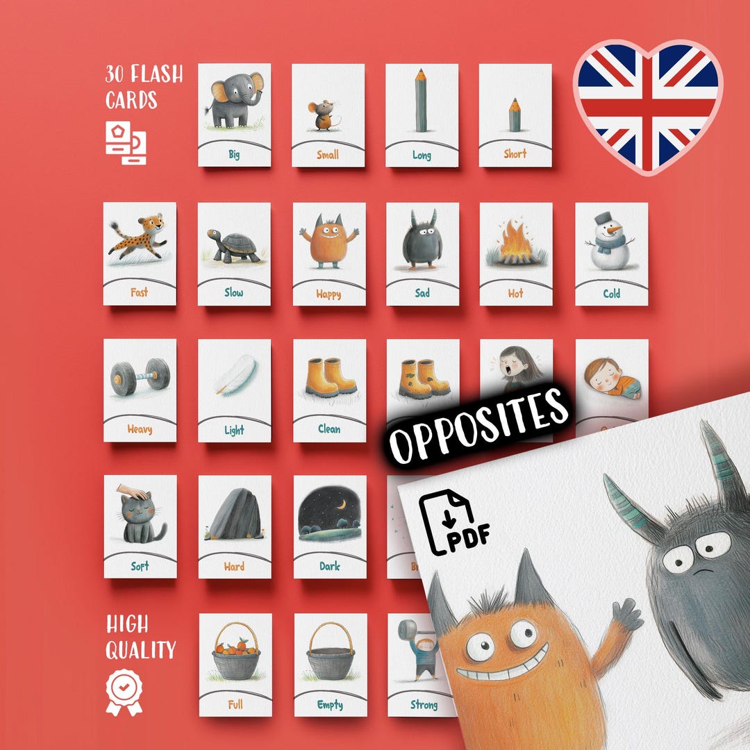 Opposites Flashcards Kids | Adjectives Learning Cards PDF | Printable ...