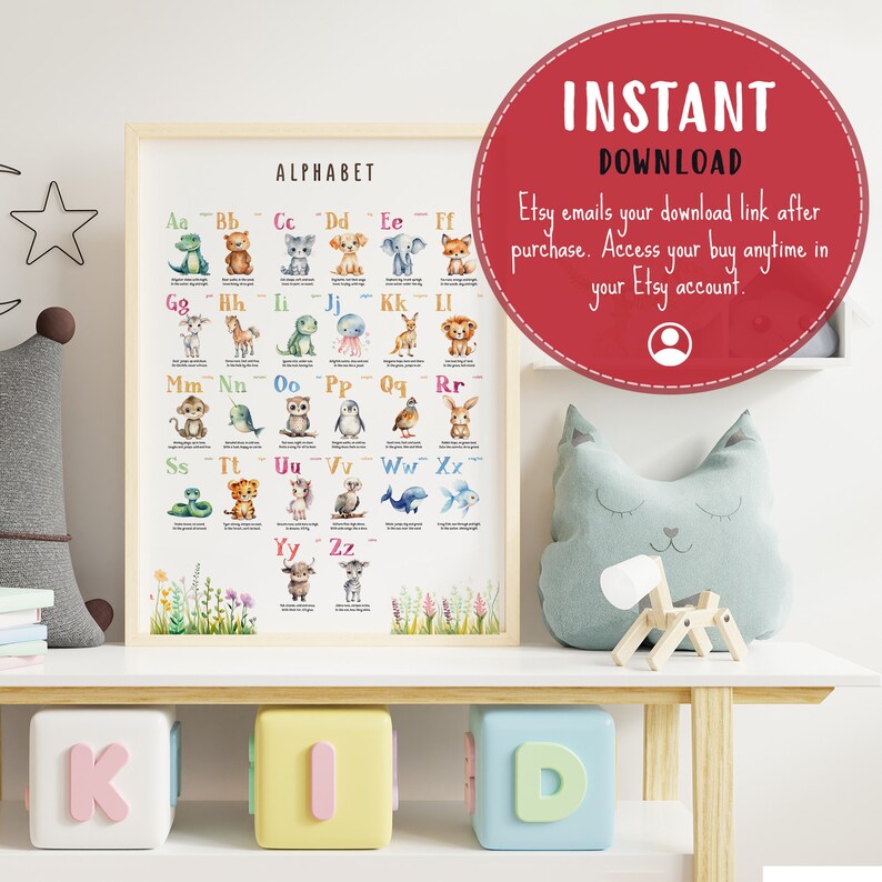English Alphabet Poster Animals and Rhymes - Watercolor ABC Wall Art ...