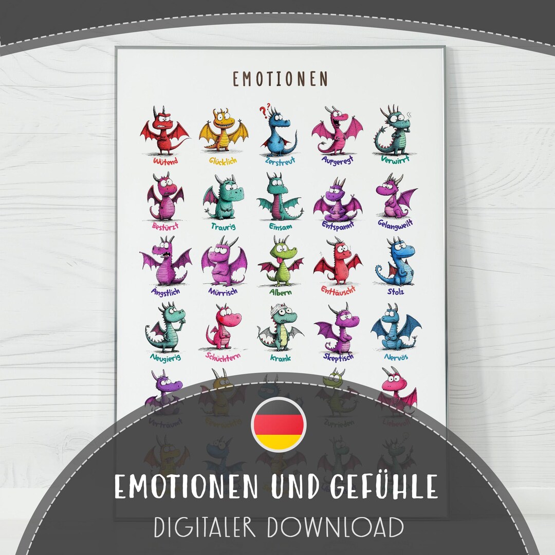 Emotions for Kids, Preschool Fun Dragons Feelings Poster PDF German ...