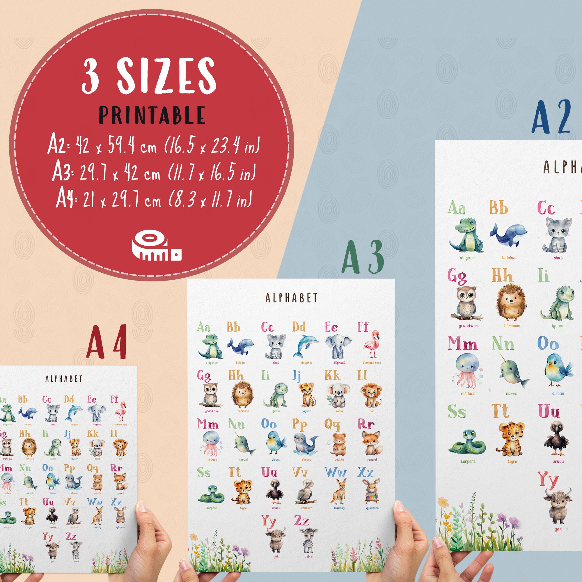 French Alphabet Poster Download PDF Printable Watercolor Animals ABC ...