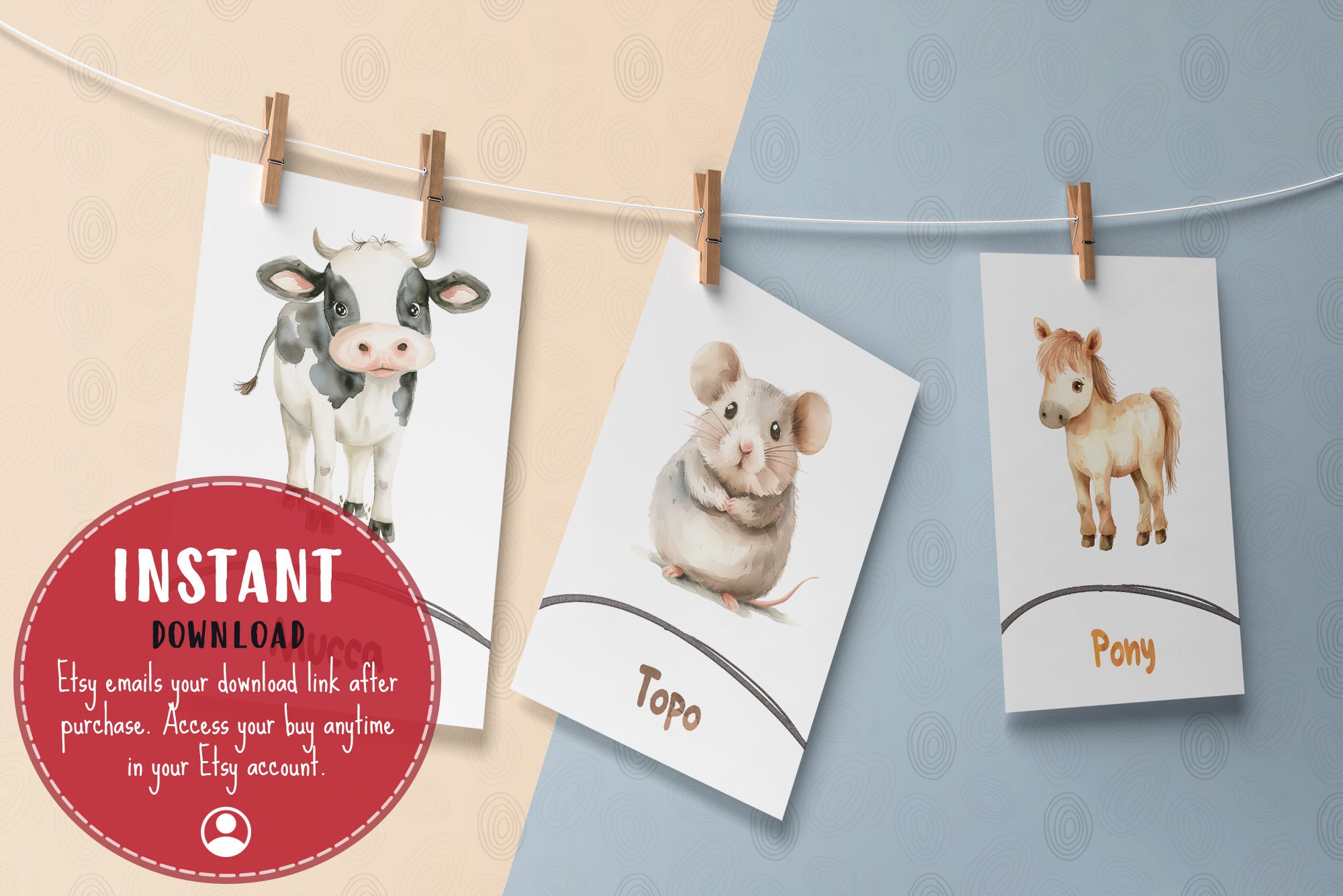 Farm Animals Printable Flashcards, Cute Watercolor Italian Learning ...