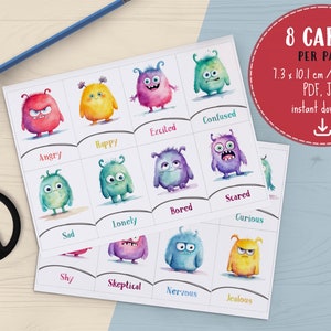 Printable Emotion Flashcards, Watercolor Cute Monsters Cards, Feelings ...