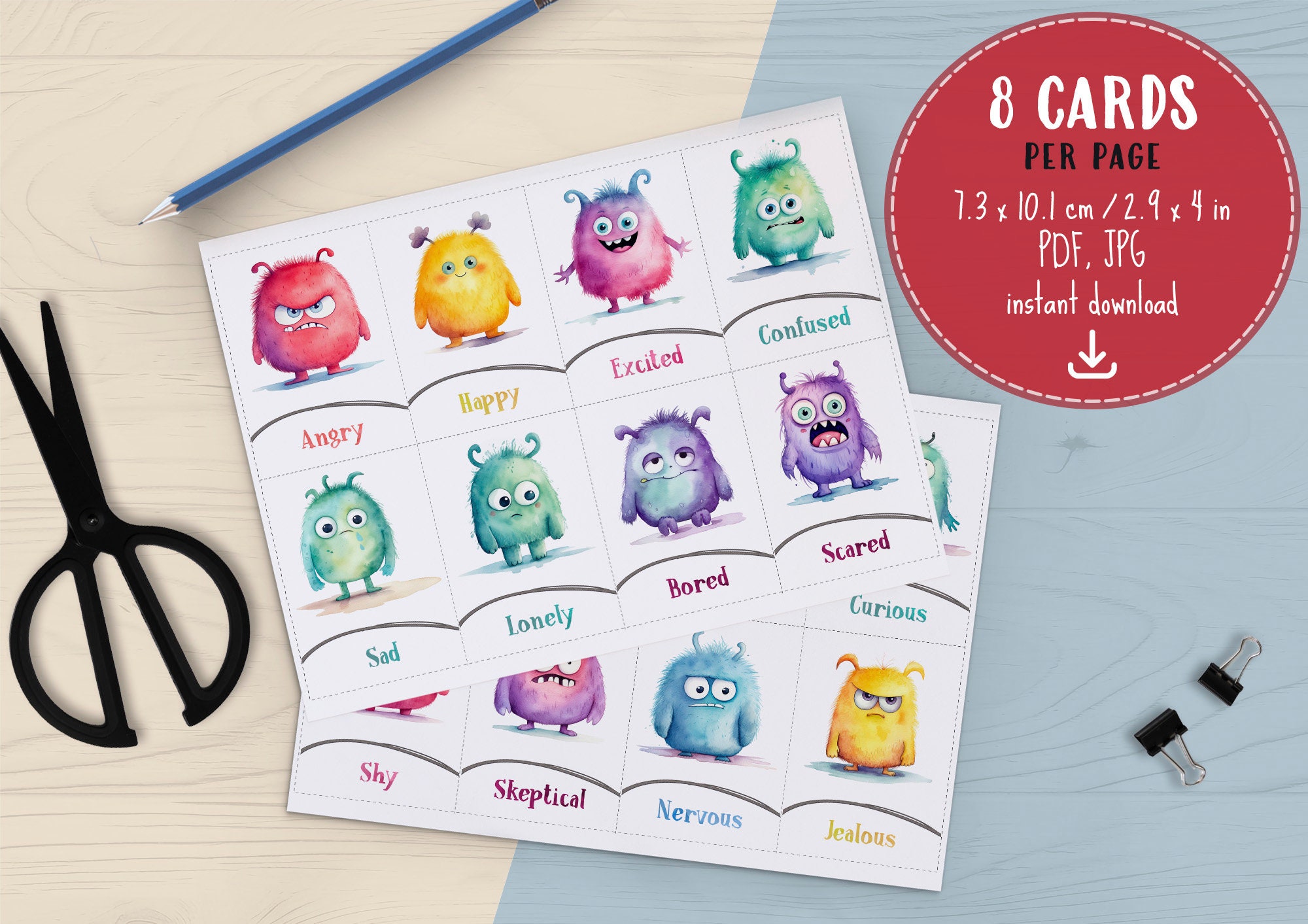 Printable Emotion Flashcards, Watercolor Cute Monsters Cards, Feelings ...