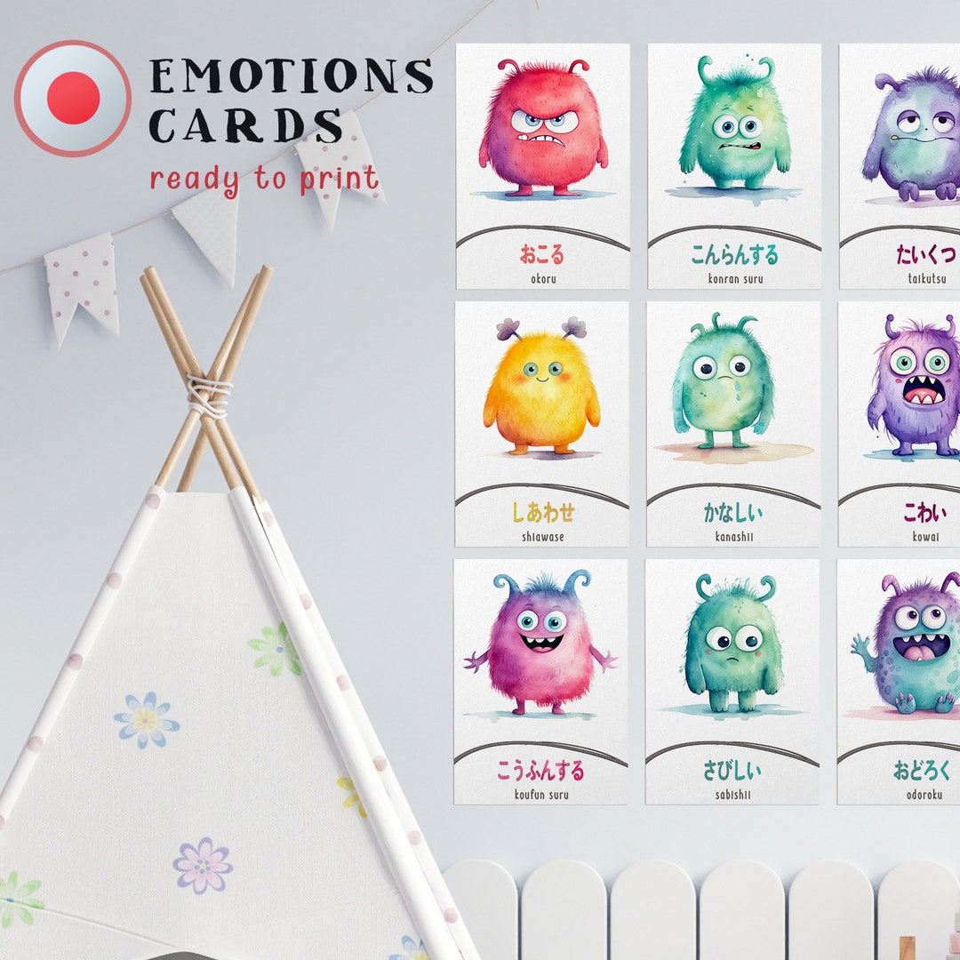 Japanese Printable Emotion Flashcards Watercolor Monsters Cards ...