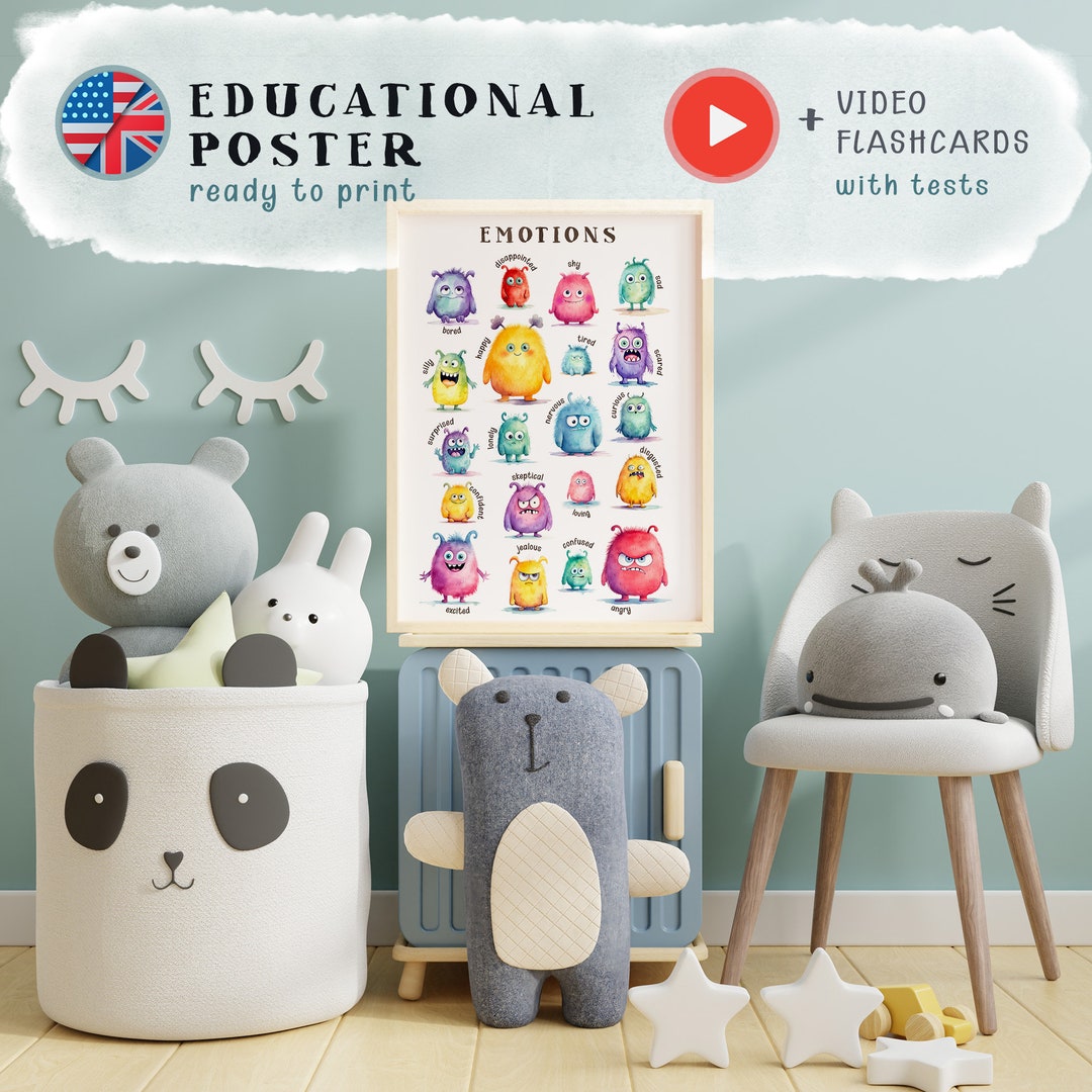 Cute Monsters Emotion Poster, Watercolor Feelings Chart for Kids ...