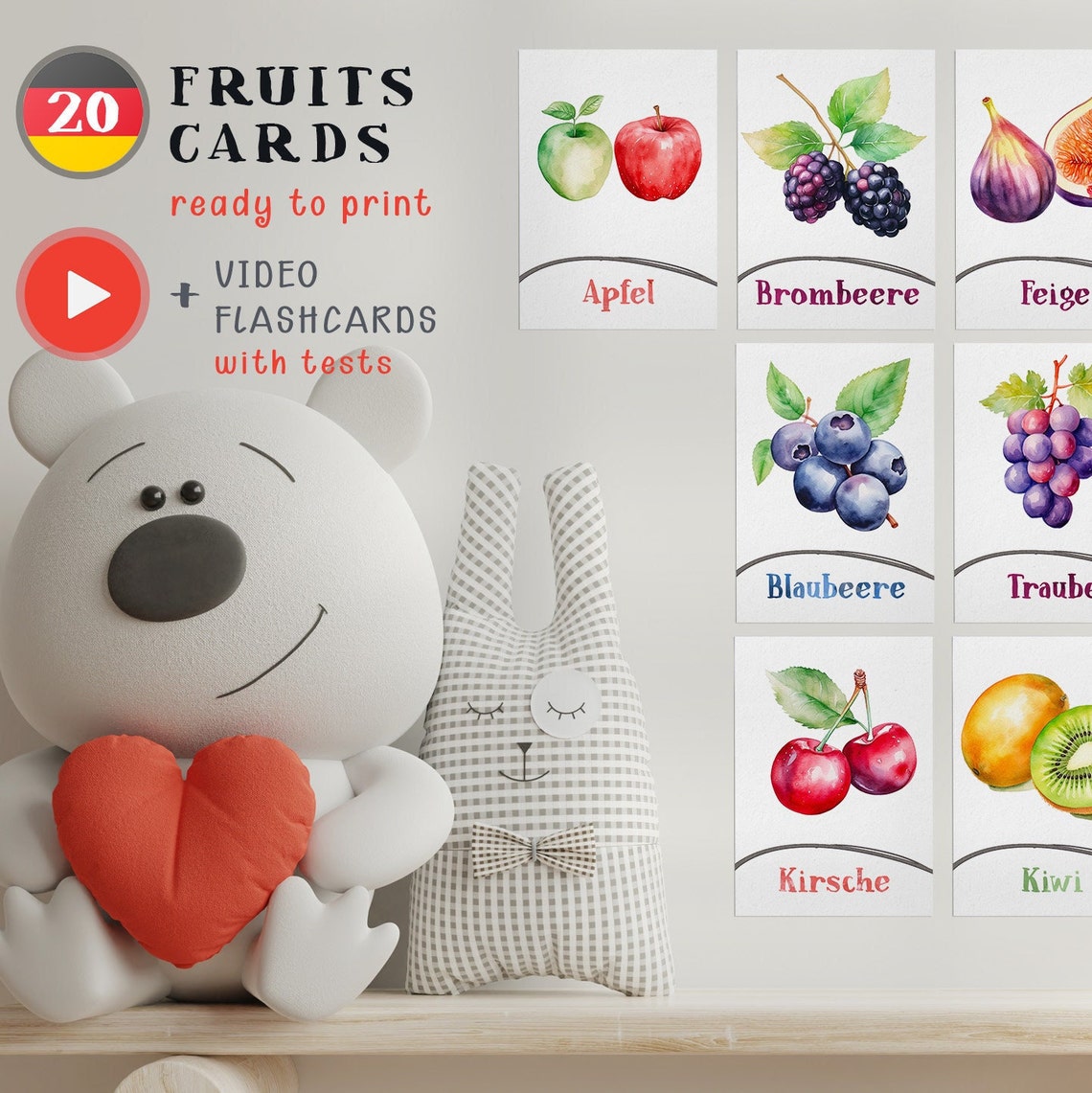 Früchte Flashcards Deutsch | German Fruit Cards for Kids | Aquarell ...