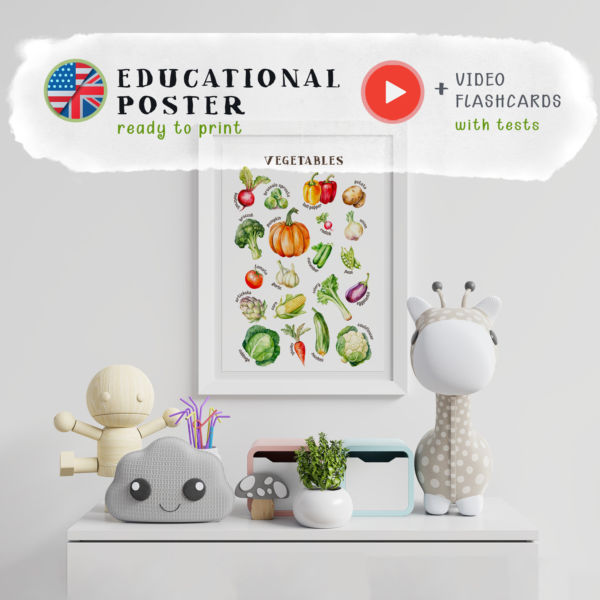 Vegetables Poster Kids | Watercolor Educational Wall Art PDF | Veggie ...