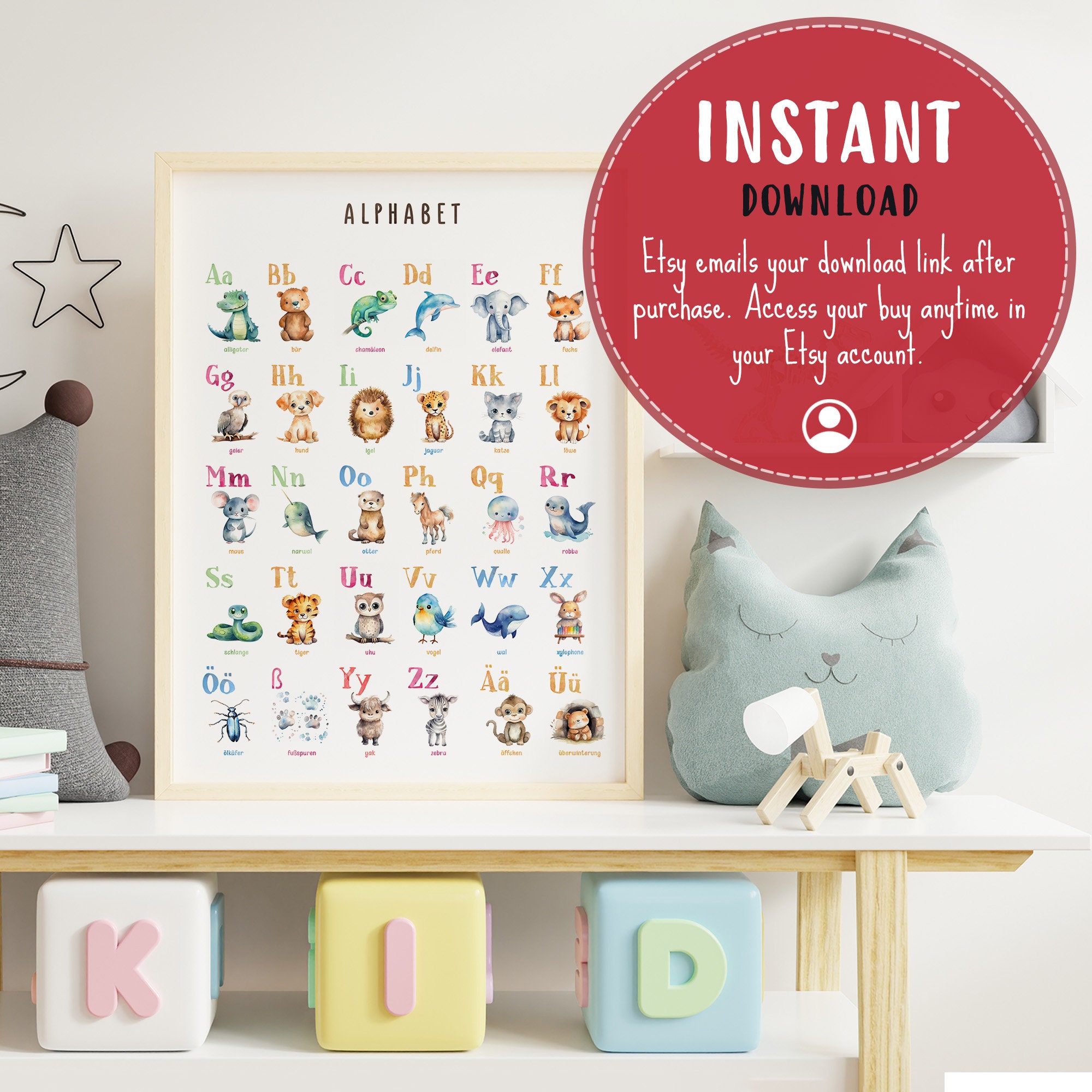 German Alphabet Poster With Animals Download Printable PDF - Watercolor ...