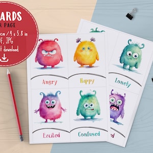 Printable Emotion Flashcards, Watercolor Cute Monsters Cards, Feelings Learning Tool for Kids ...