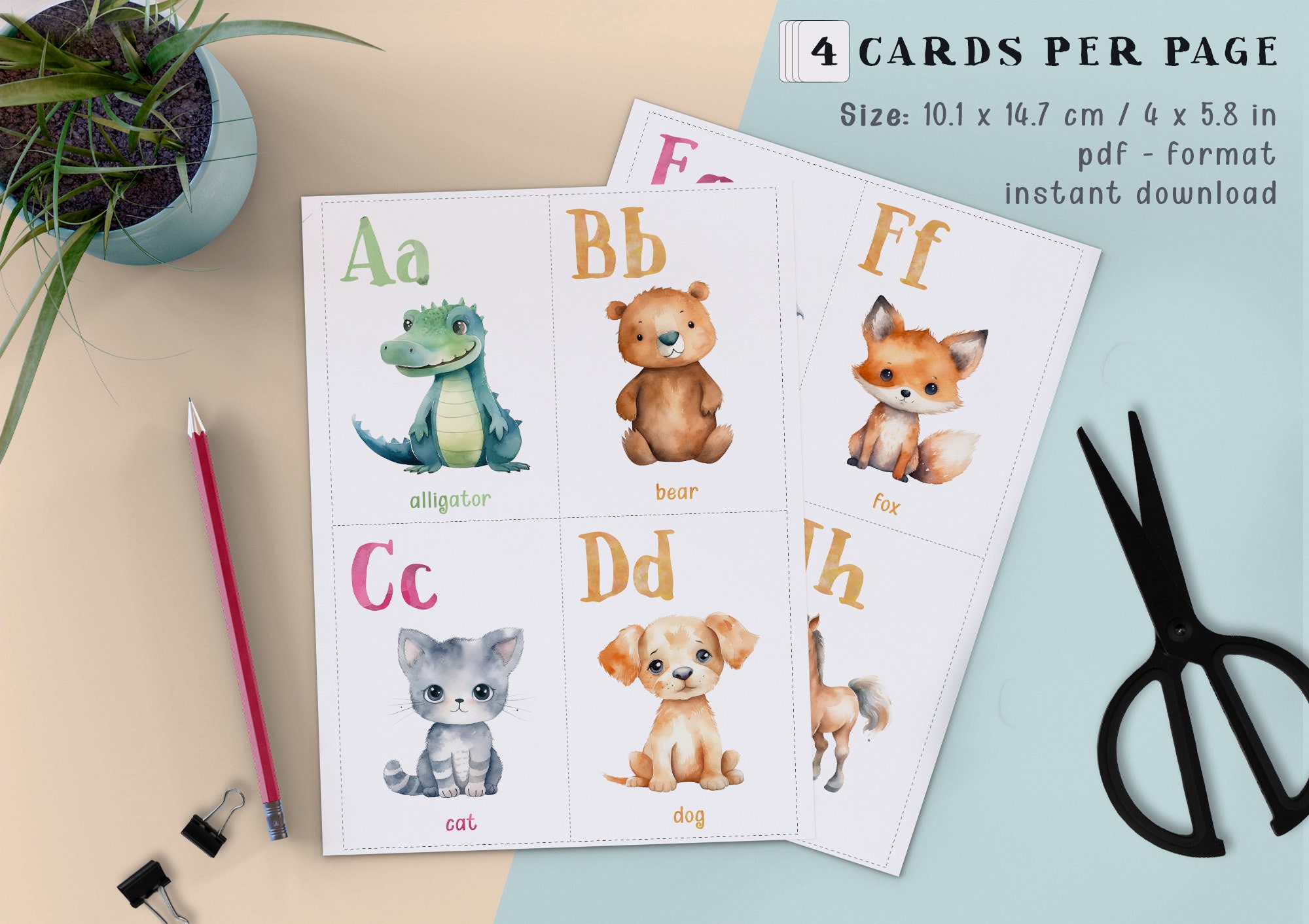 Printable Alphabet Flashcards, Cute Animal Abcs A4 Prints, Watercolor ...