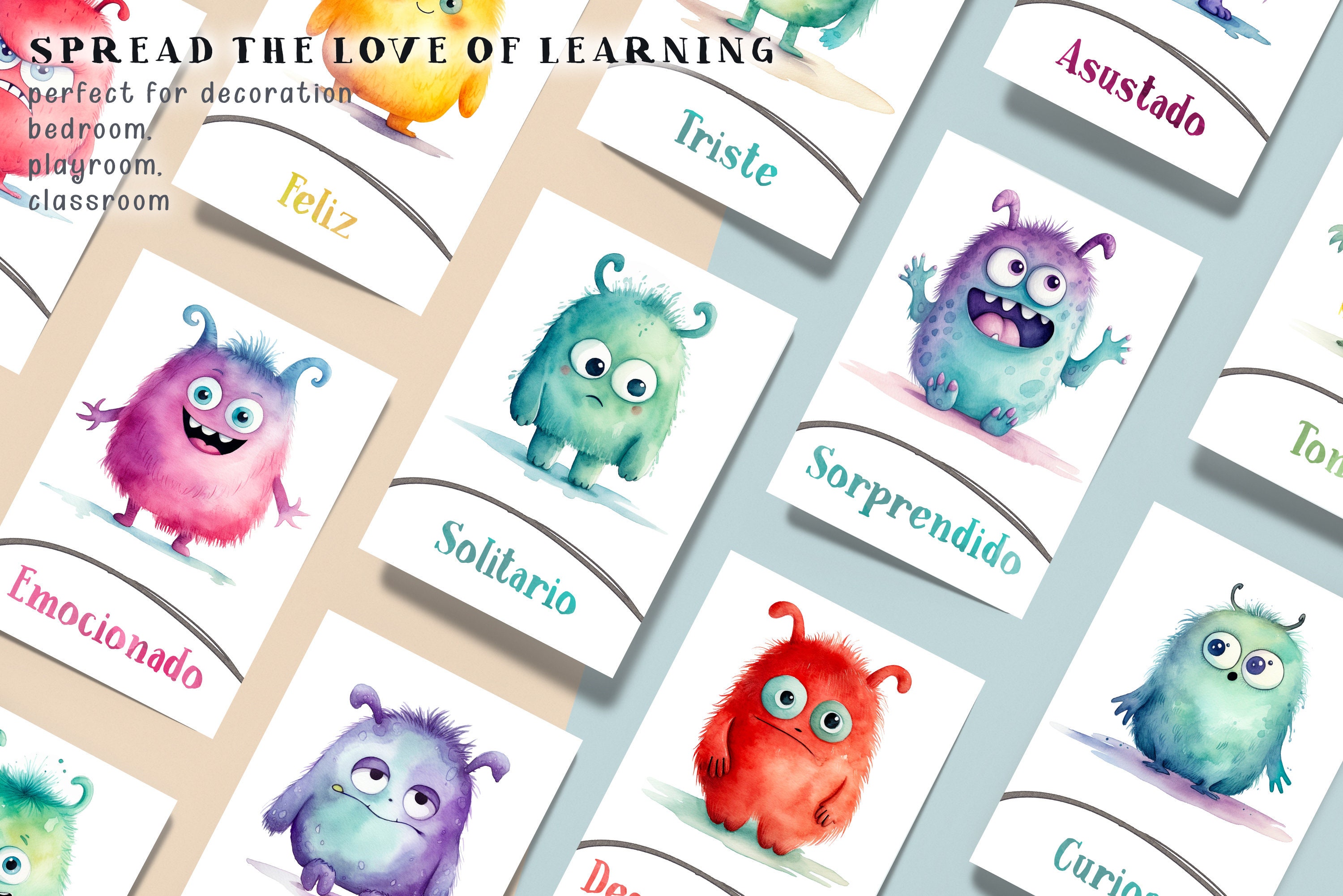 Printable Emotion Flashcards Watercolor Monsters Cards - Feelings ...