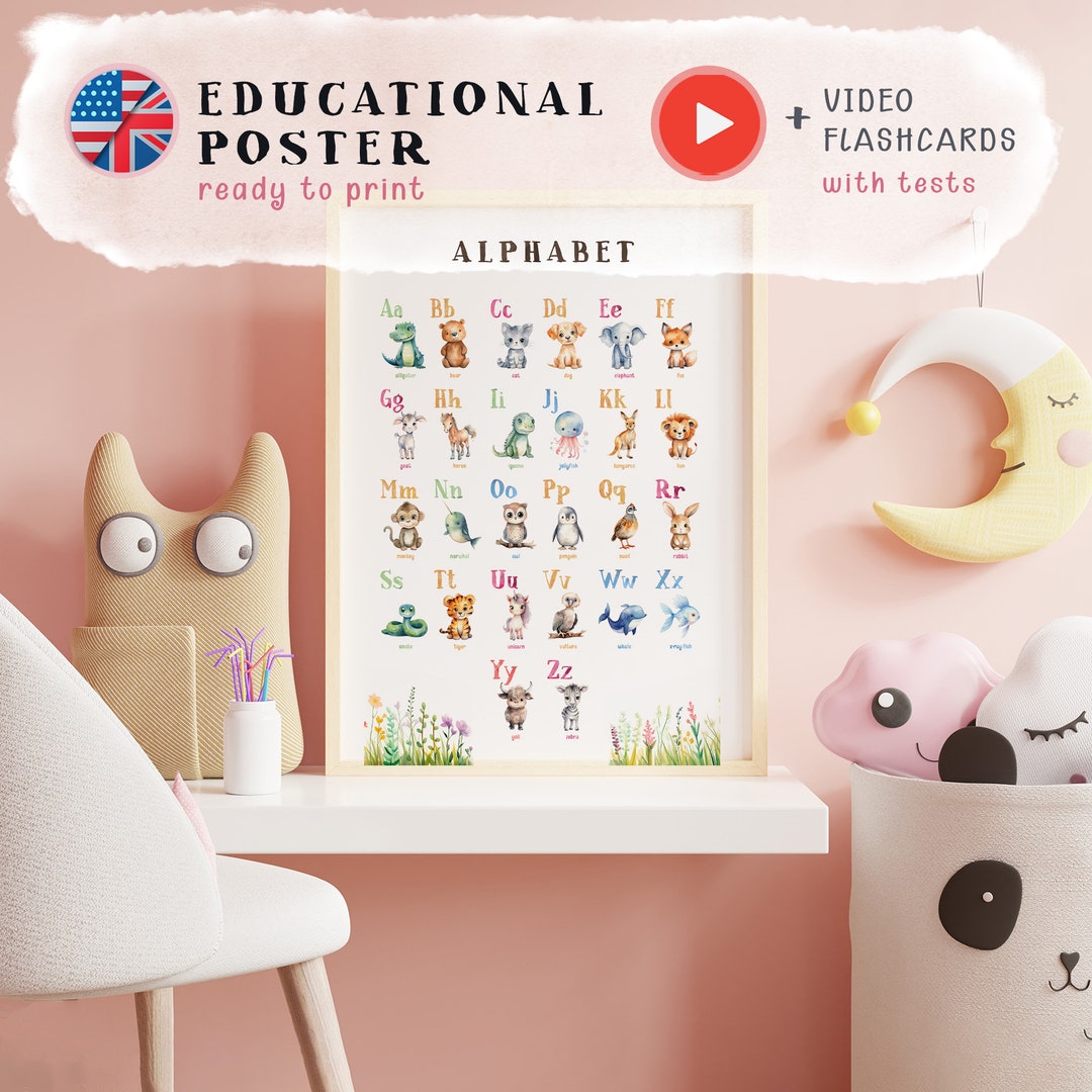 Watercolor Animal Alphabet Poster, Cute ABC Wall Art, Printable ...