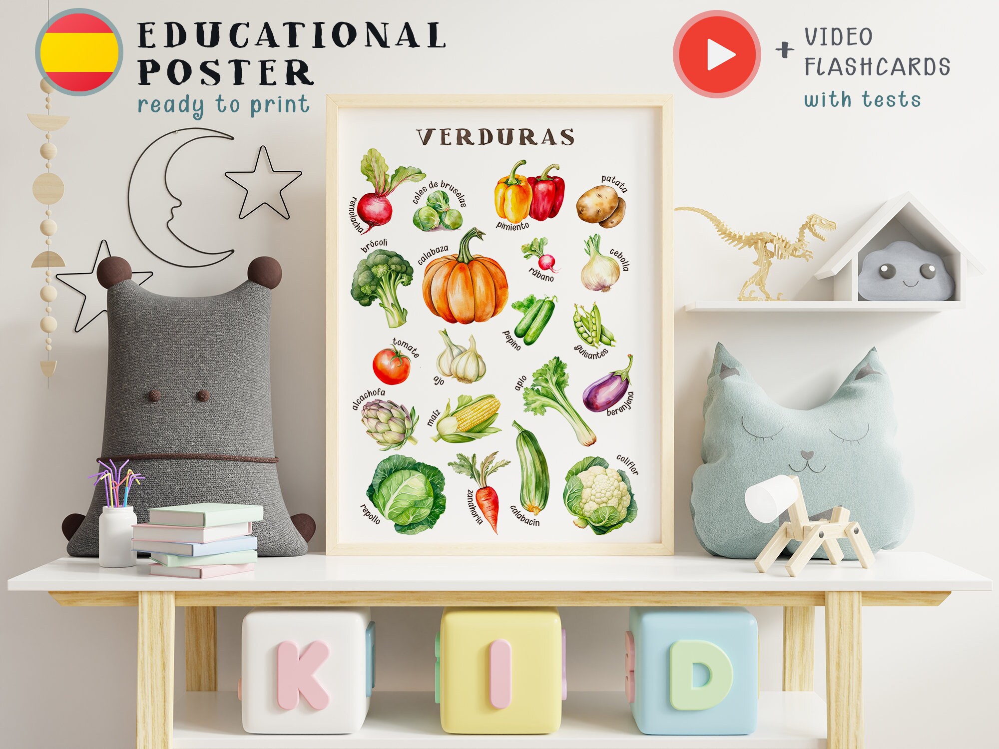Vegetables Educational Kids Poster, Watercolor Veggie Wall Print ...