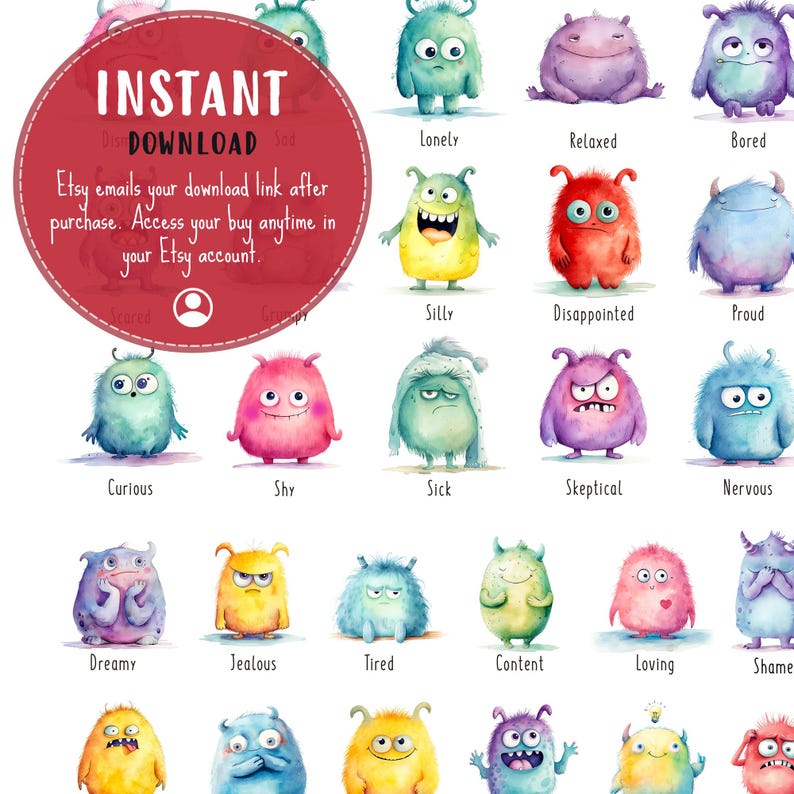 Emotions Chart Poster: Watercolor Monsters, Feelings Education (digital ...