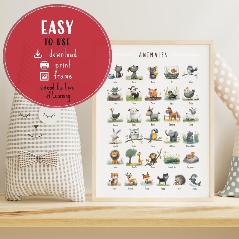 Spanish Animal Poster: Farm & Wild Animals, Montessori Learning ...