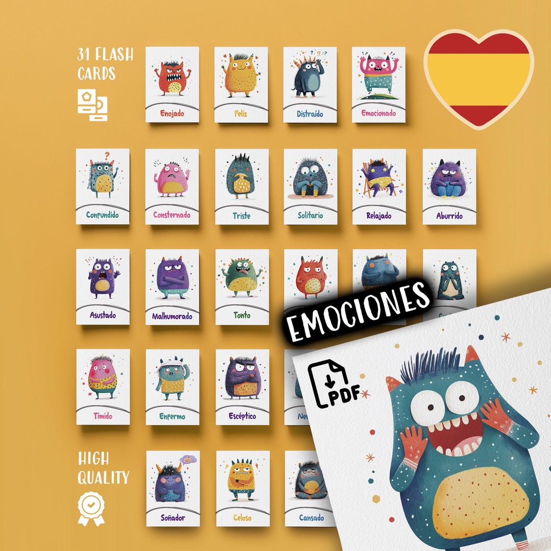 31 Spanish Emotions Flashcards for Kids, Cute Monster Feelings Flash ...