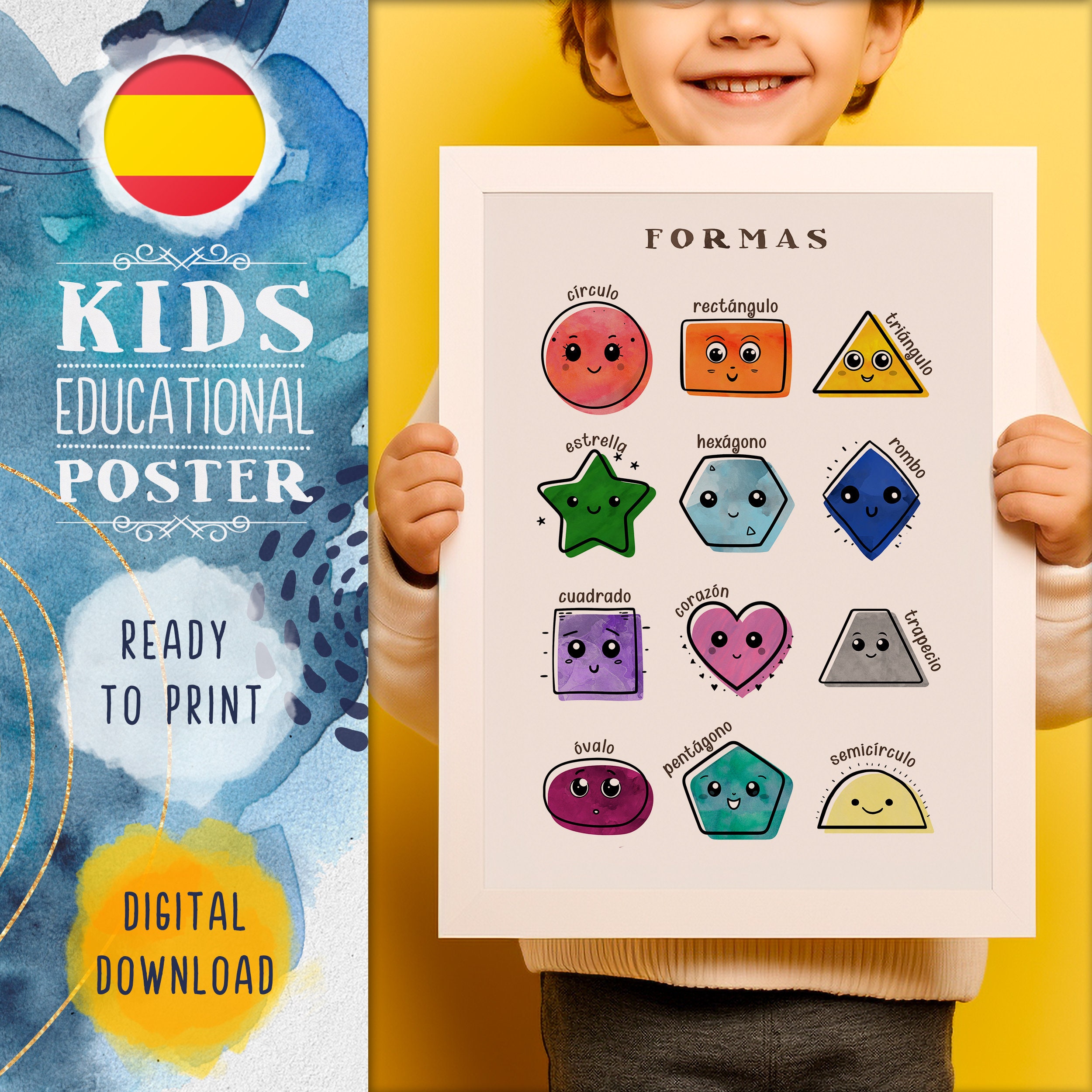 Spanish Shapes Poster for Kids, Cute Watercolour Geometry Educational ...
