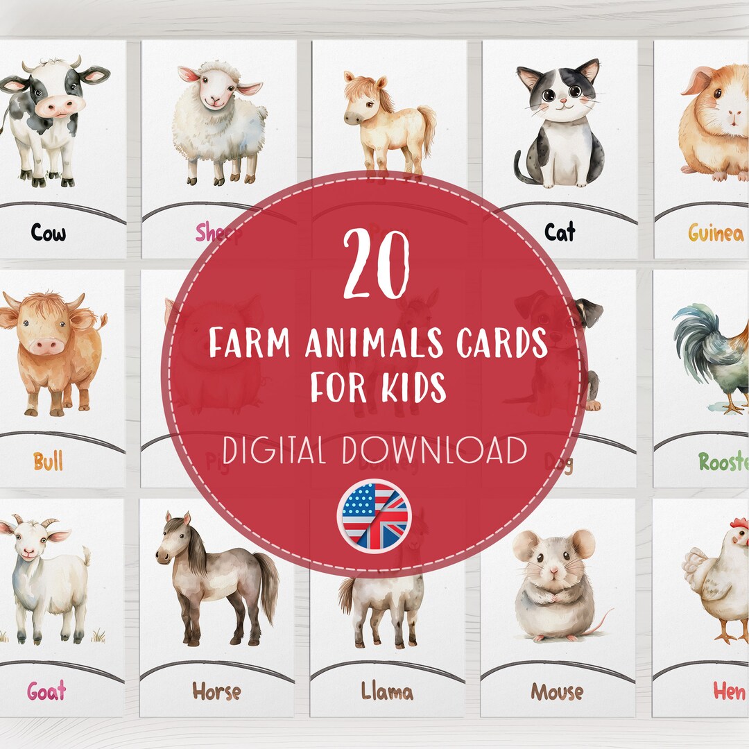 Farm Animals Cards, Pre-school Flashcards, Montessori Flash Cards ...