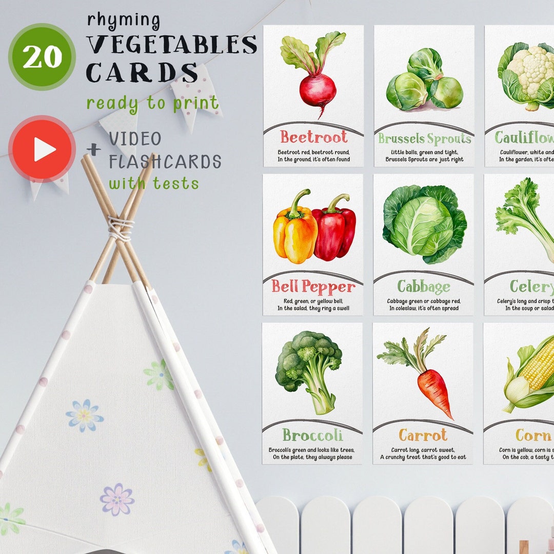 Vegetable Flashcards for Kids, Printable Learning Cards With Nursery ...