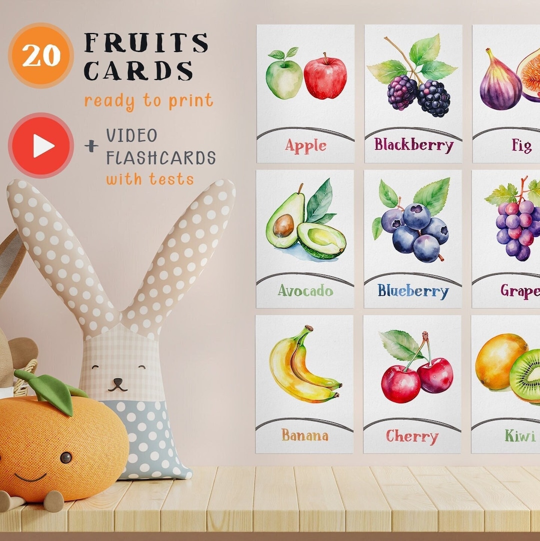 Fruits Flashcards Kids | Printable Learning Cards PDF | Watercolor ...