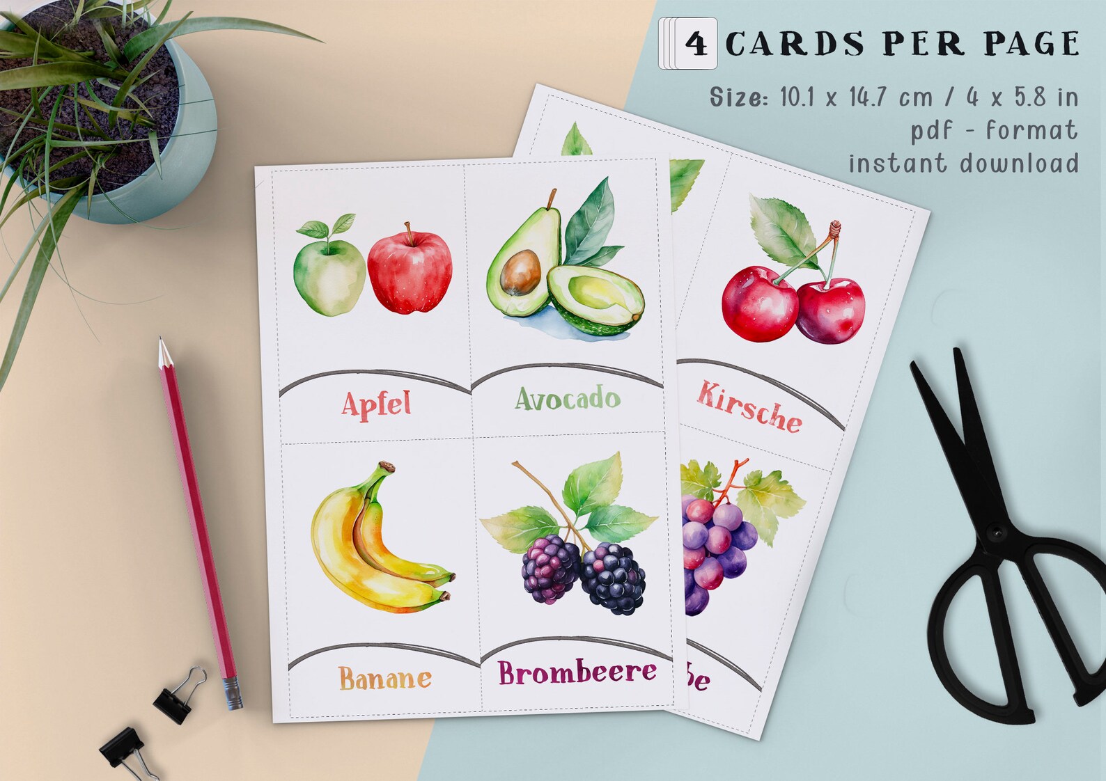 Früchte Flashcards Deutsch | German Fruit Cards for Kids | Aquarell ...