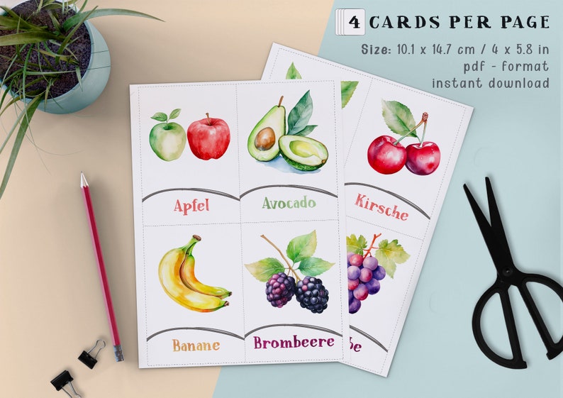 Früchte Flashcards Deutsch | German Fruit Cards for Kids | Aquarell ...