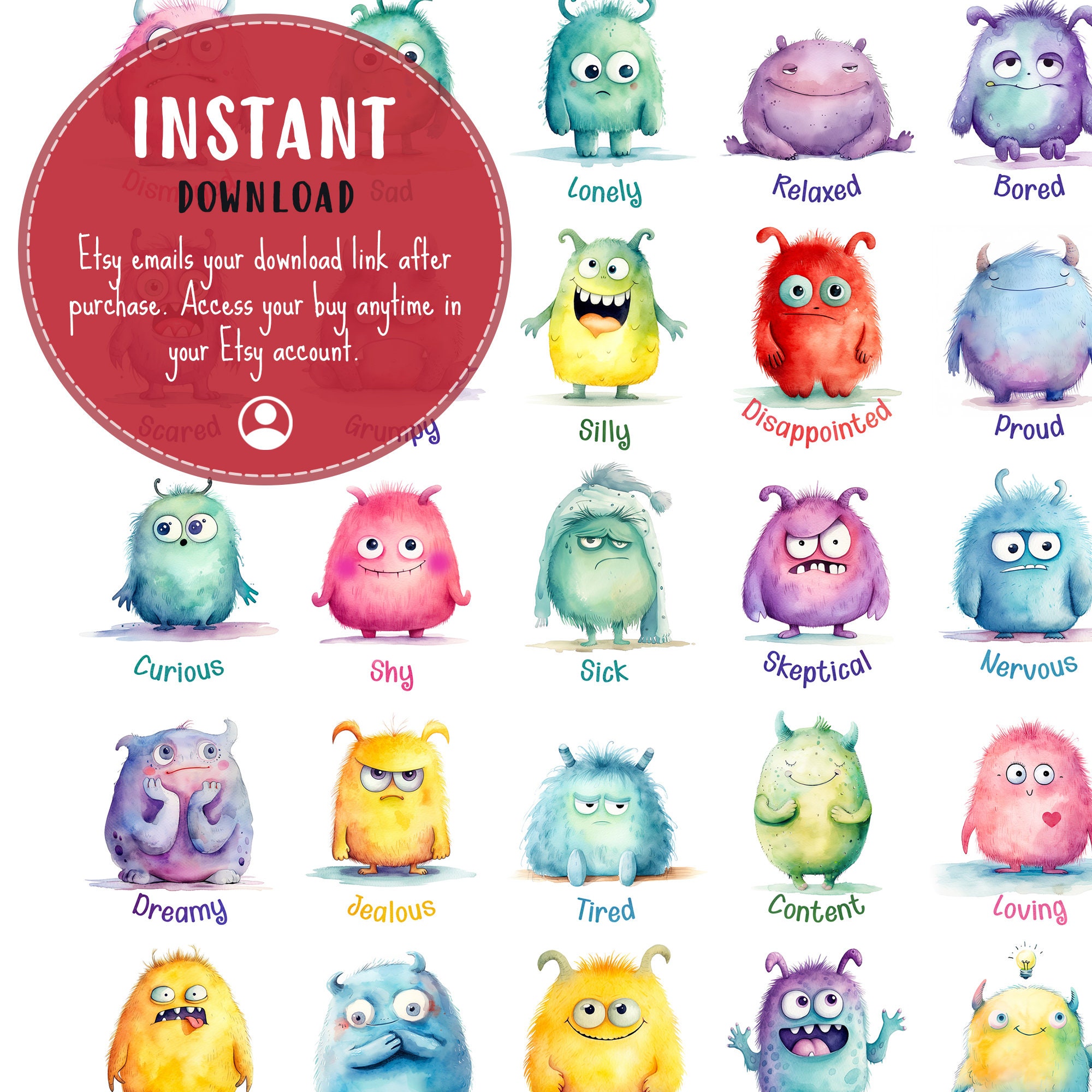Monster Emotions Poster Chart | Watercolor Kids Feelings Printable PDF ...