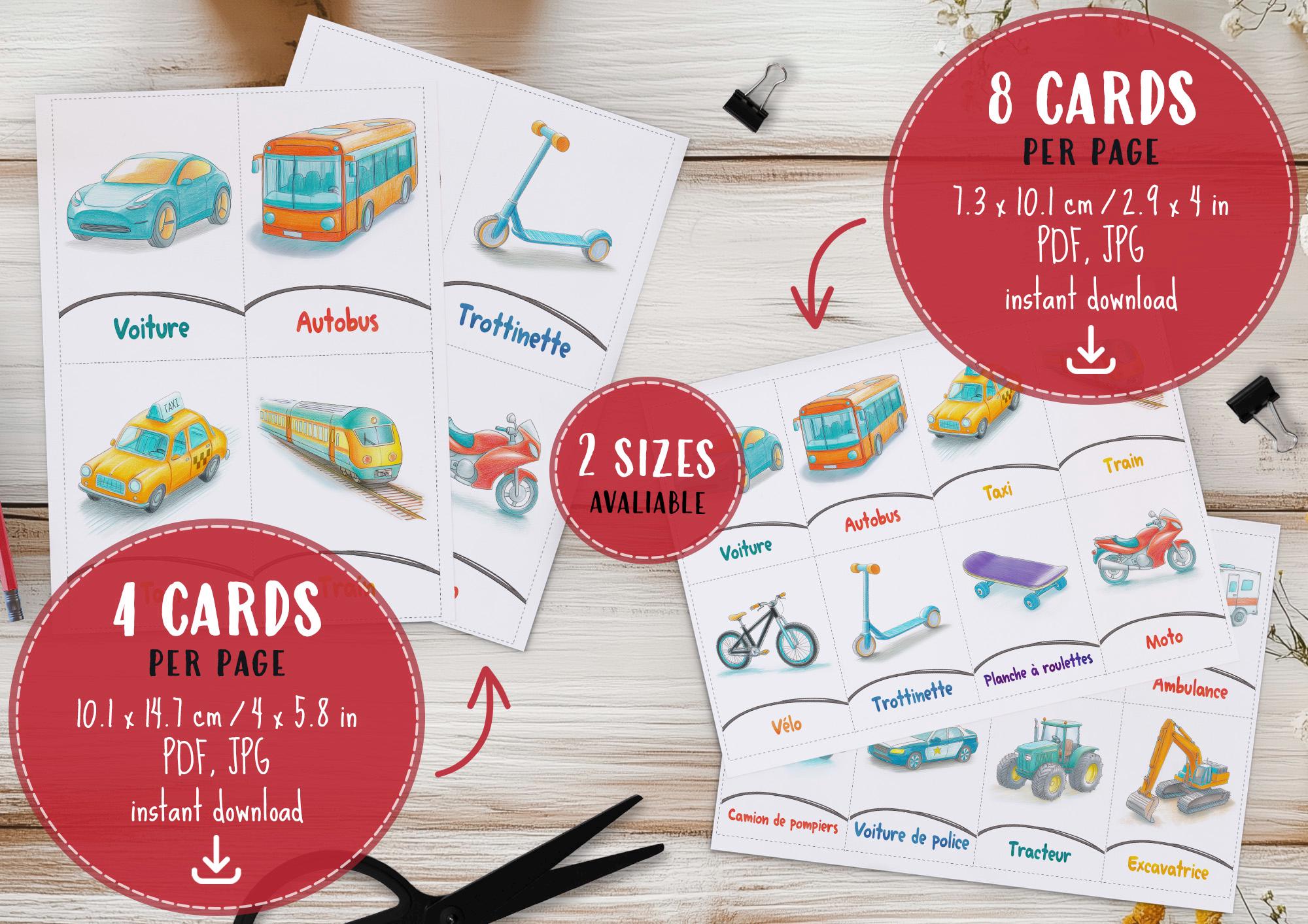 French Transport Flashcards for Kids, Printable Vehicle Learning Cards ...