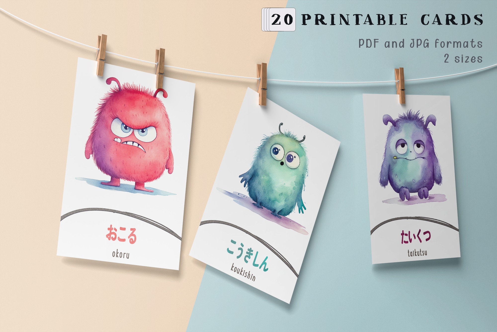 Japanese Printable Emotion Flashcards Watercolor Monsters Cards ...