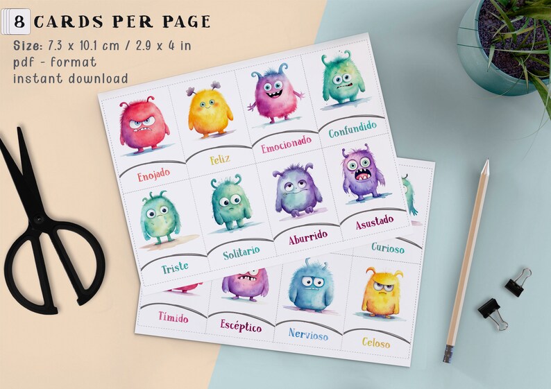 Printable Emotion Flashcards Watercolor Monsters Cards - Feelings ...