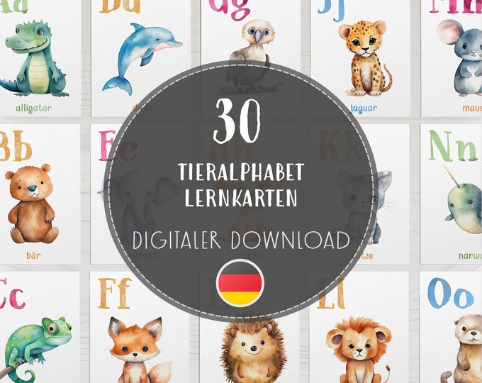 ABC Lernkarten Tiere | Montessori Buchstaben Karten | ABC-Wandbild ...