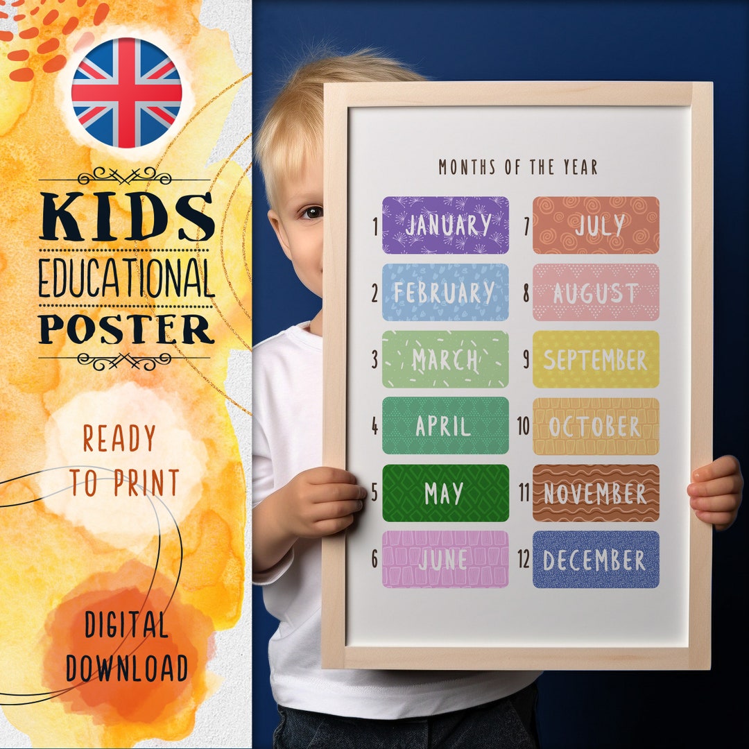 Months Year Poster Kids | Printable PDF Calendar Chart | Learning Wall ...