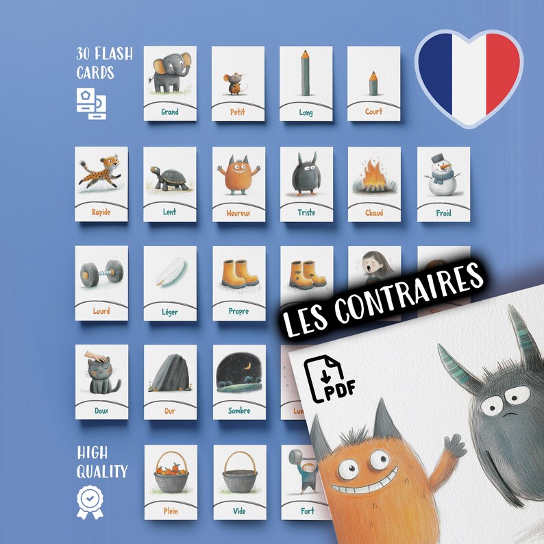 Cartes Flash Adjectifs Opposés Français | Apprentissage Langue ...