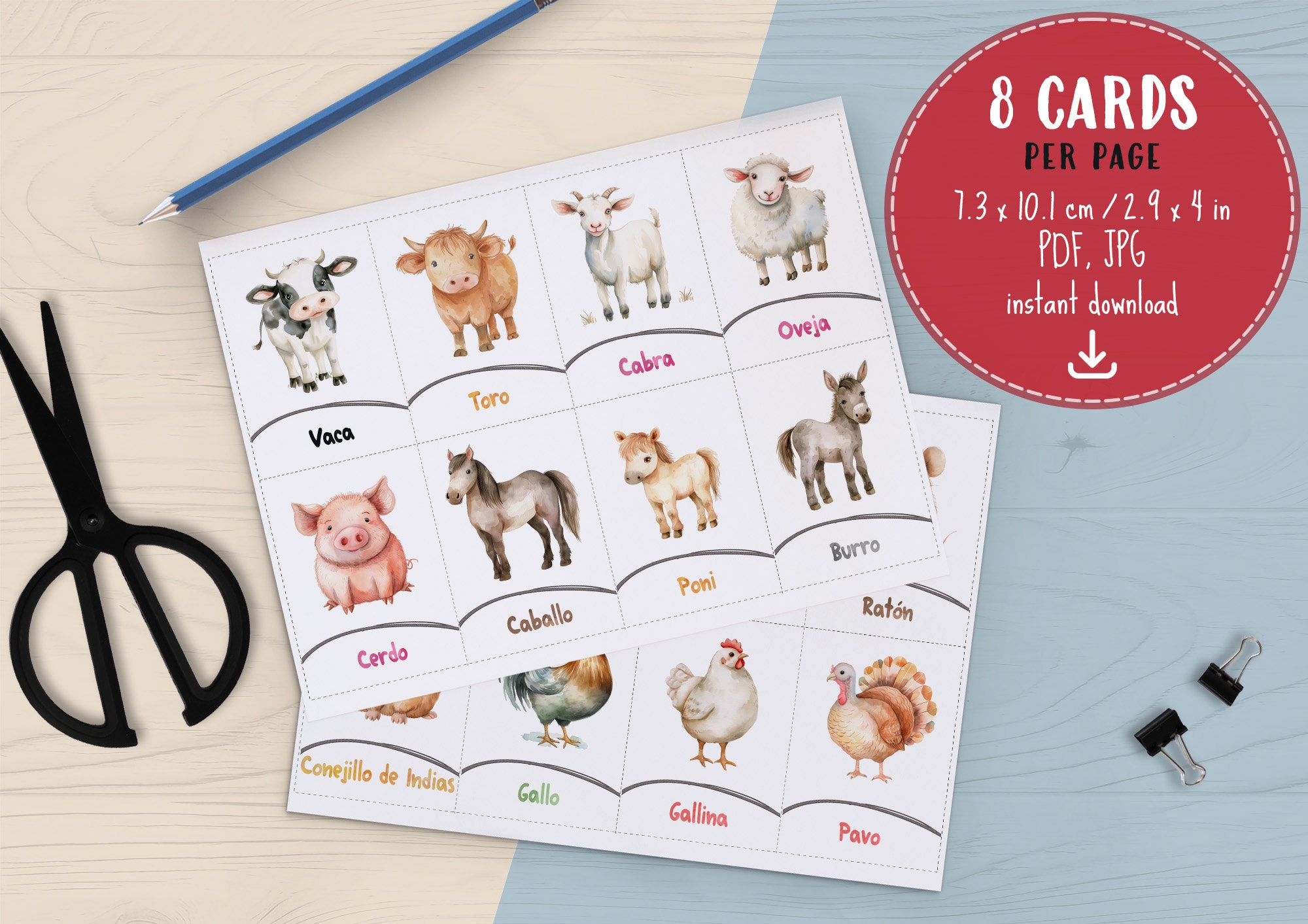 Farm Animals Watercolor Spanish Flashcards, Cute Printable Learning ...