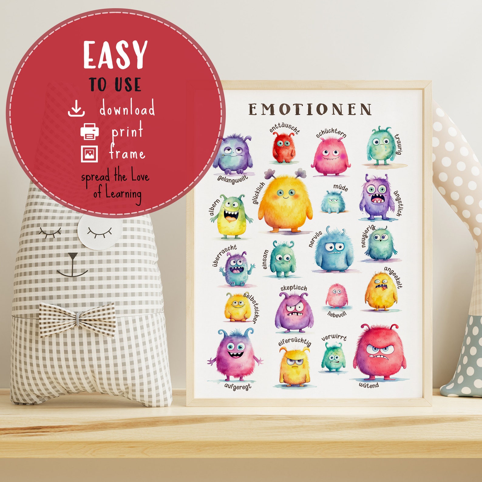 Monsters Emotion Poster in German, Watercolor Feelings Chart for Kids ...
