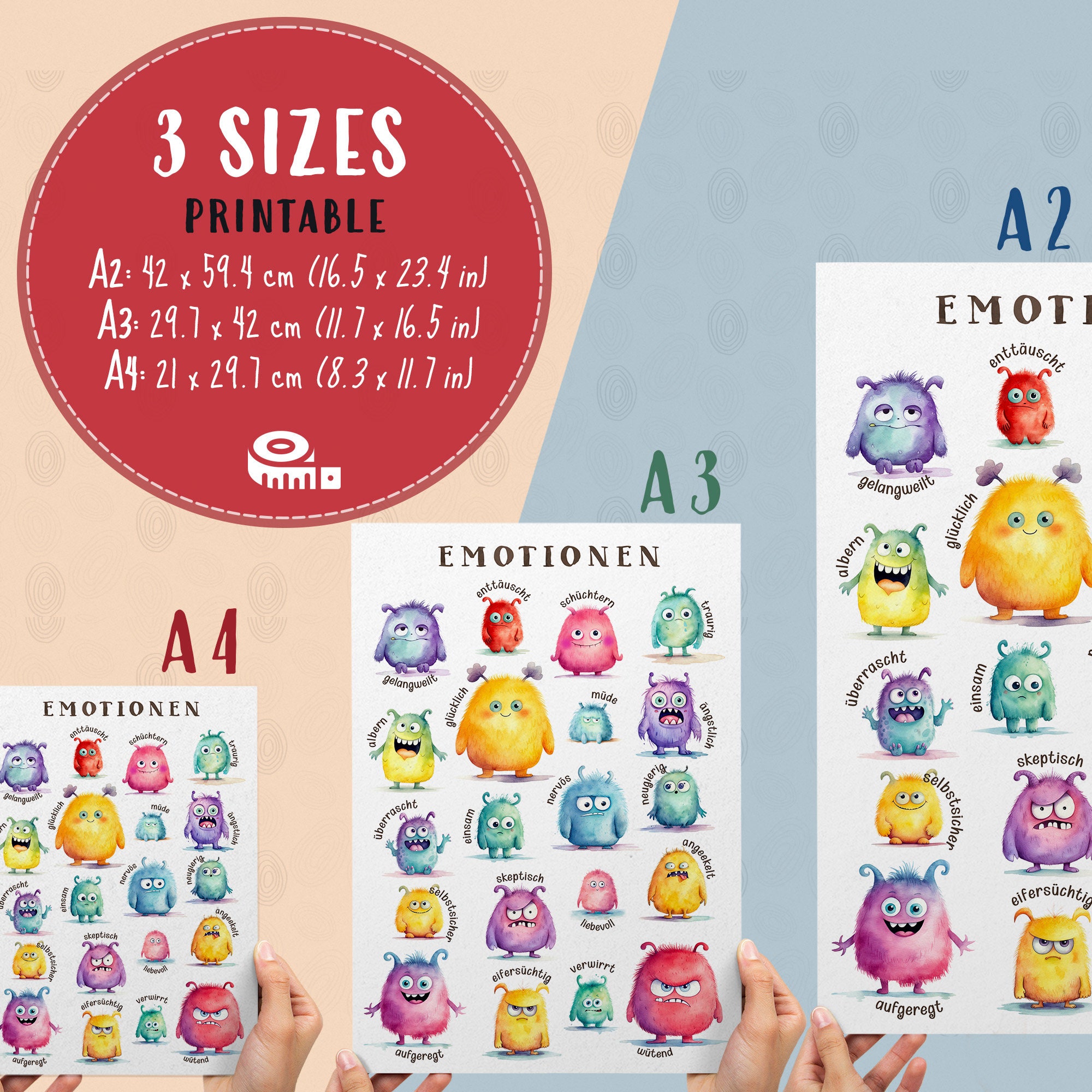 Monsters Emotion Poster in German, Watercolor Feelings Chart for Kids ...