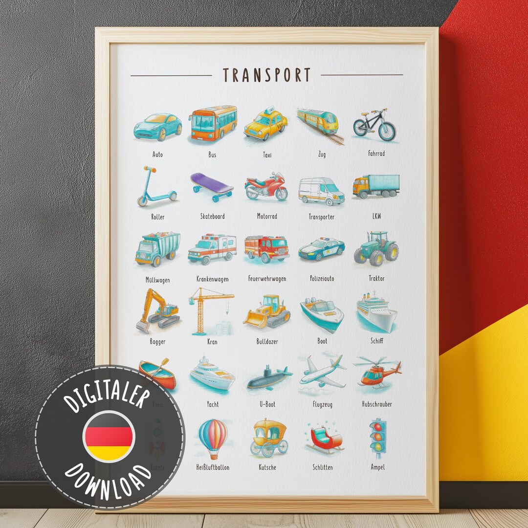 Fahrzeuge Poster Kinder Deutsch | Transport Wall Art | Lernposter ...